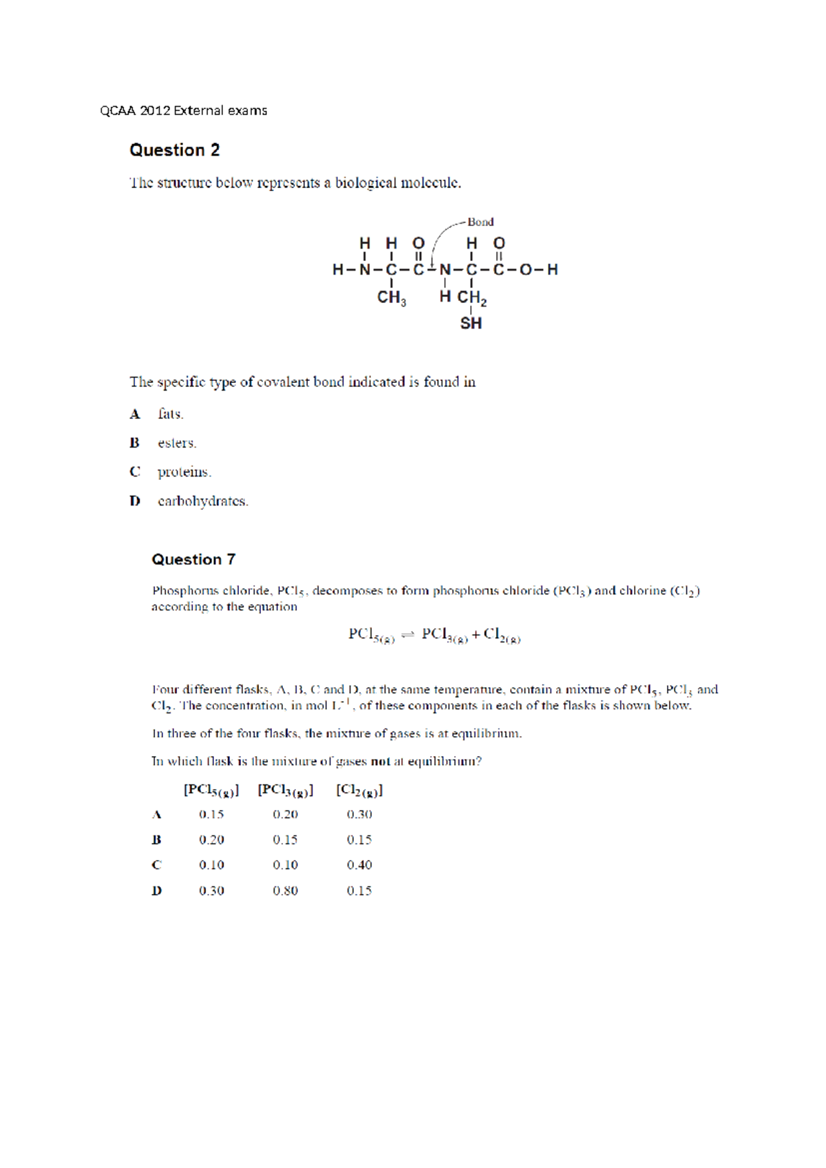 QCAA 2012 External Exam: Chemistry Concepts & Equilibrium Analysis ...