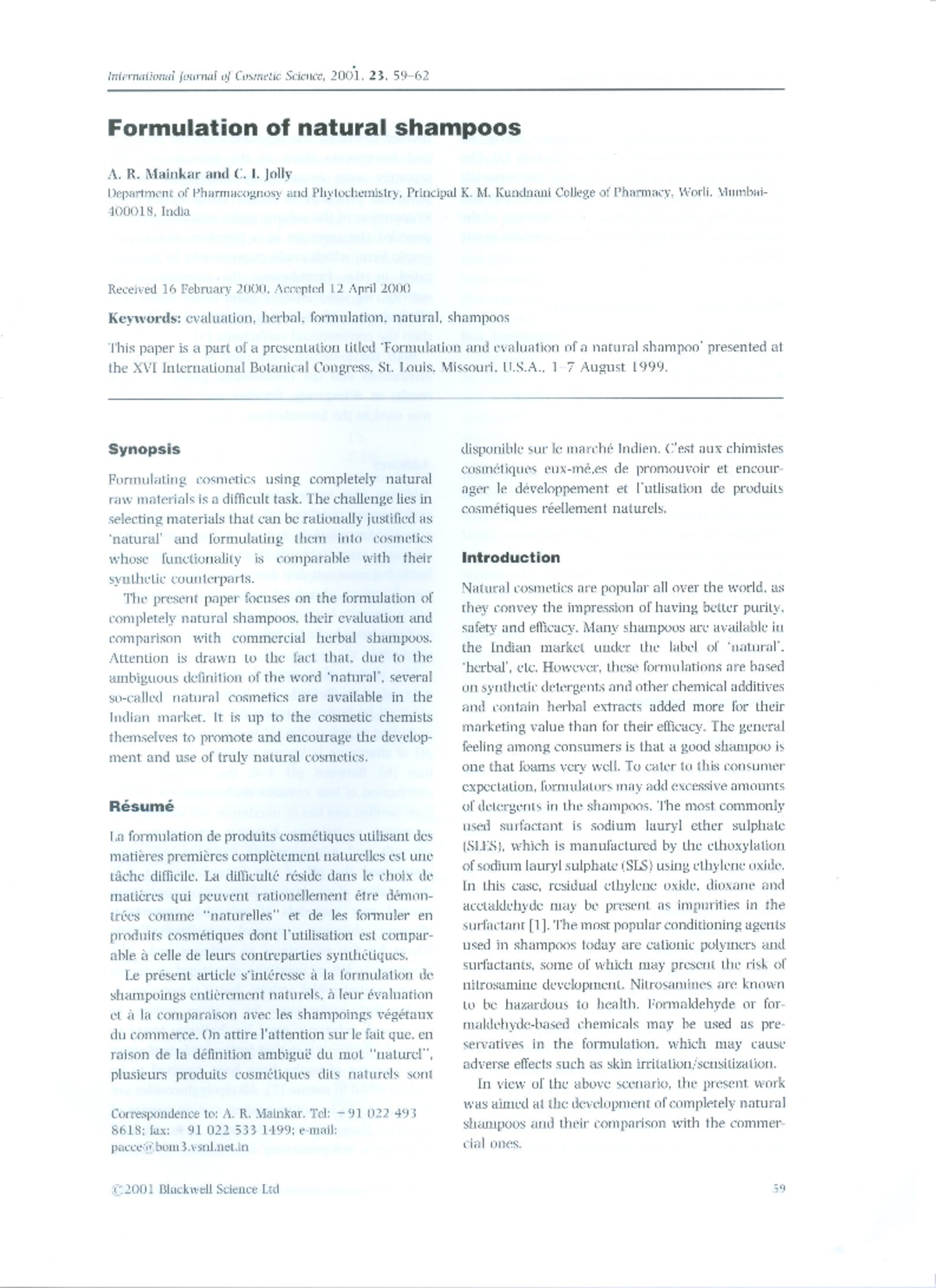 Formulation of Natural Shampoos: A Study by Mainkar & Jolly (2001 ...