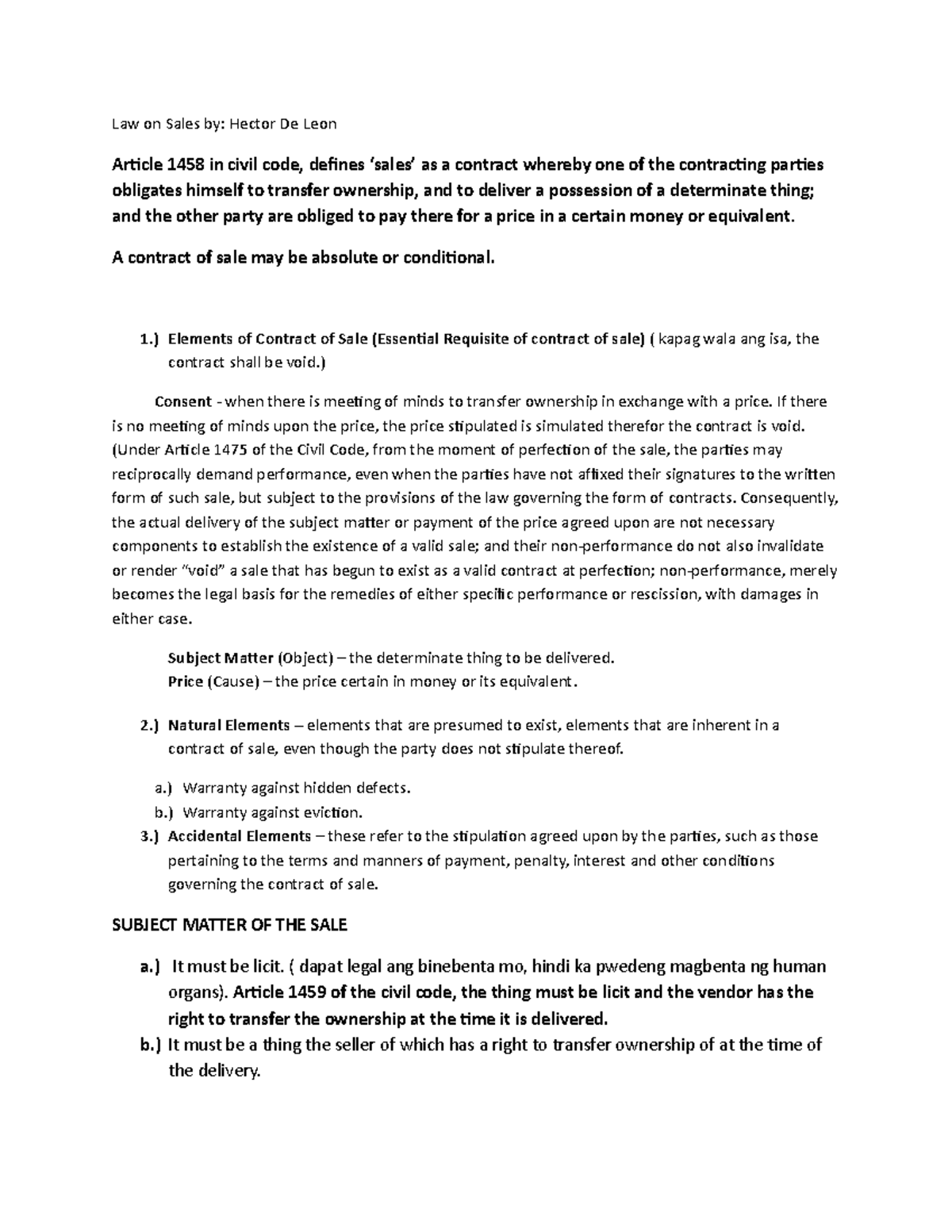Law - Contract of sale - Law on Sales by: Hector De Leon Article 1458 ...