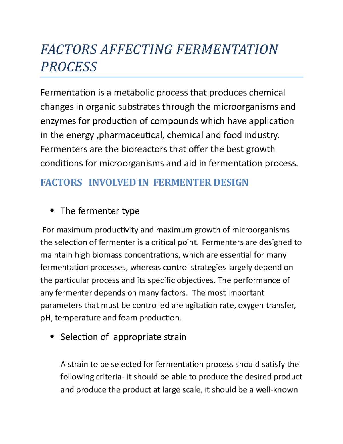 Factors Influencing the Fermentation Process (Biotech 101) - Studocu