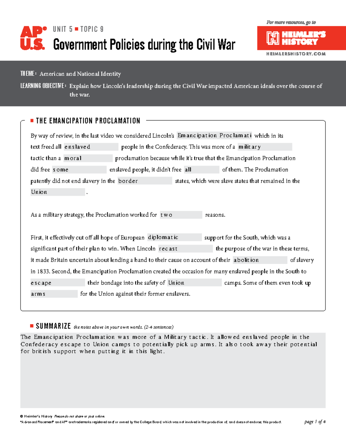 Heimler 5.9 Noteguides: Civil War Government Policies & Leadership ...