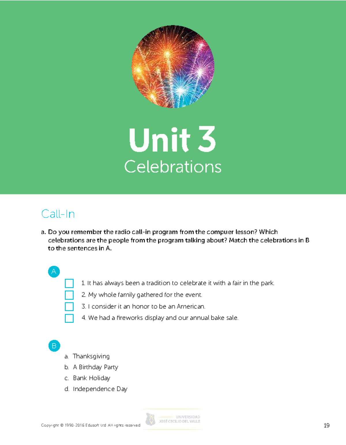 Intermediate 1 Workbook: Unit 3 Celebrations and Conversations - Studocu