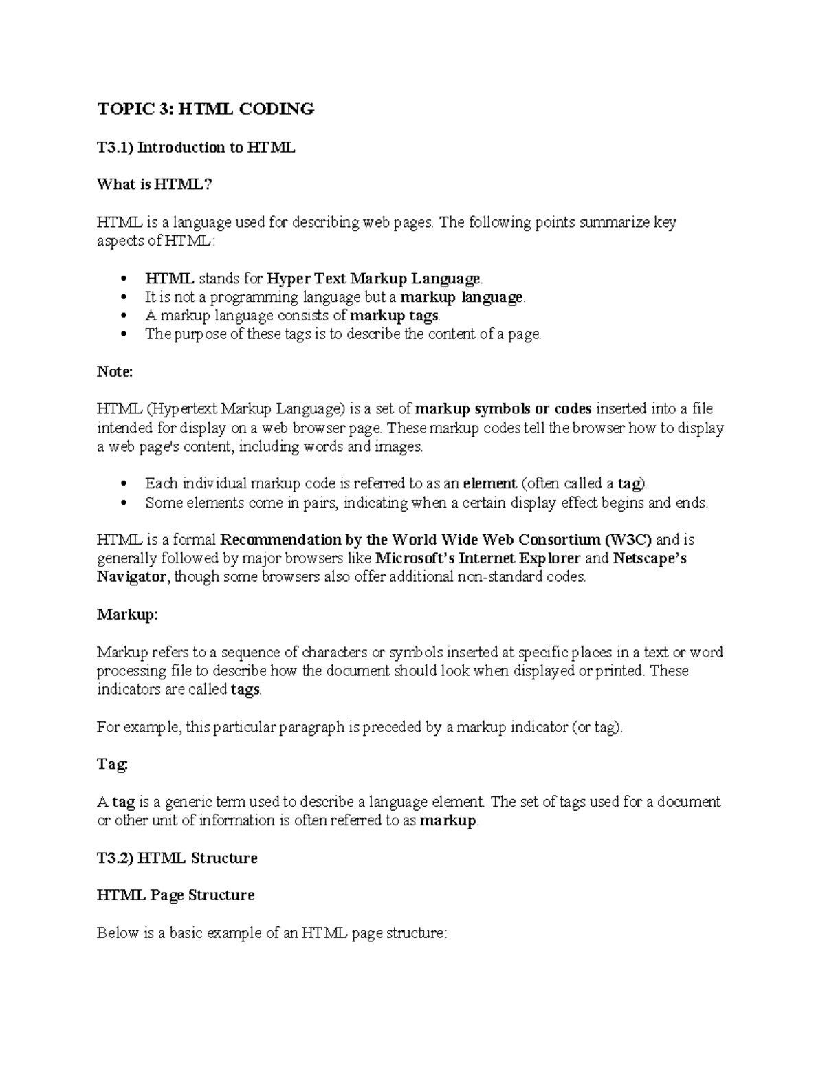 Topic 3: HTML Coding - Comprehensive Notes for T3 Course - Studocu