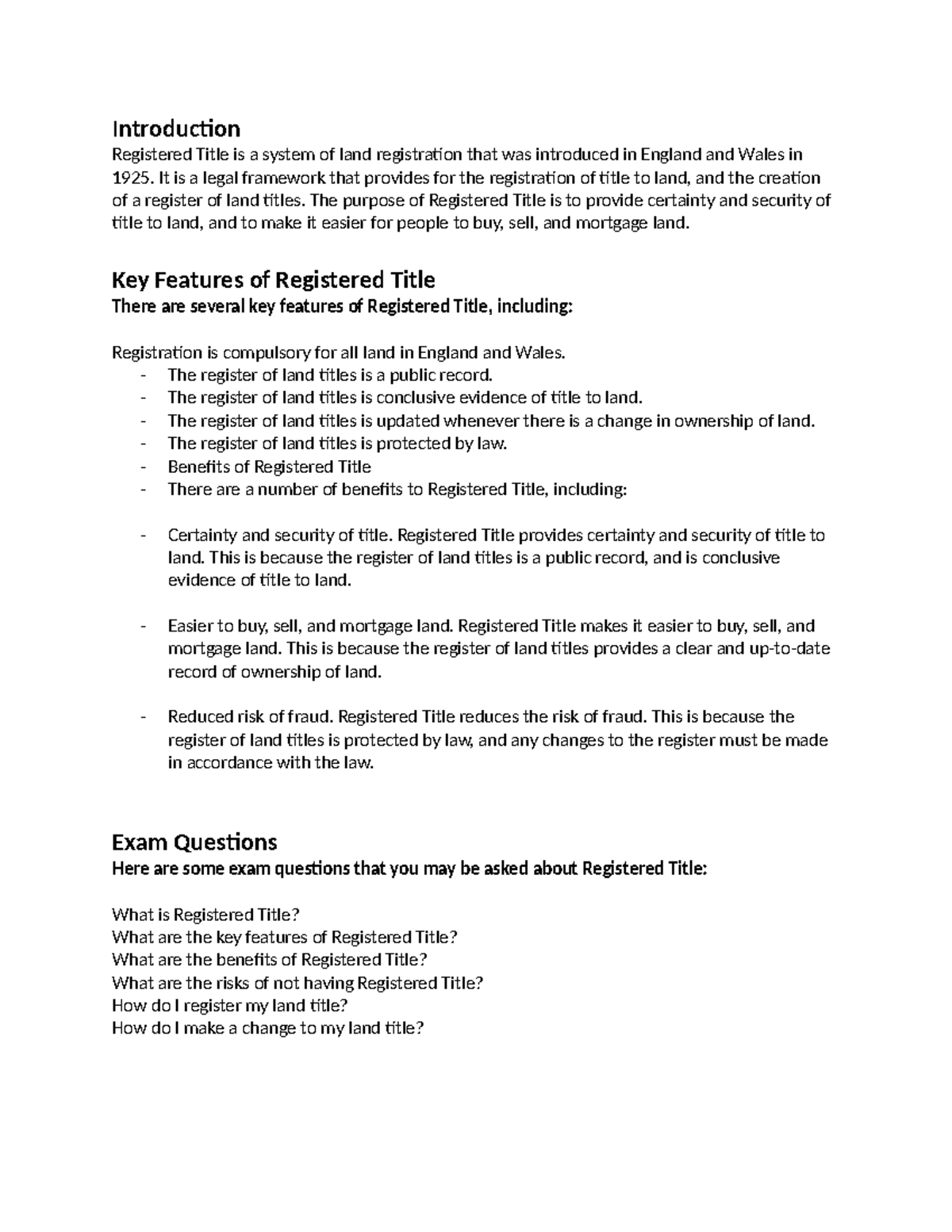 Registered Title Revision Notes - Exam Prep Guide for Law 101 - Studocu