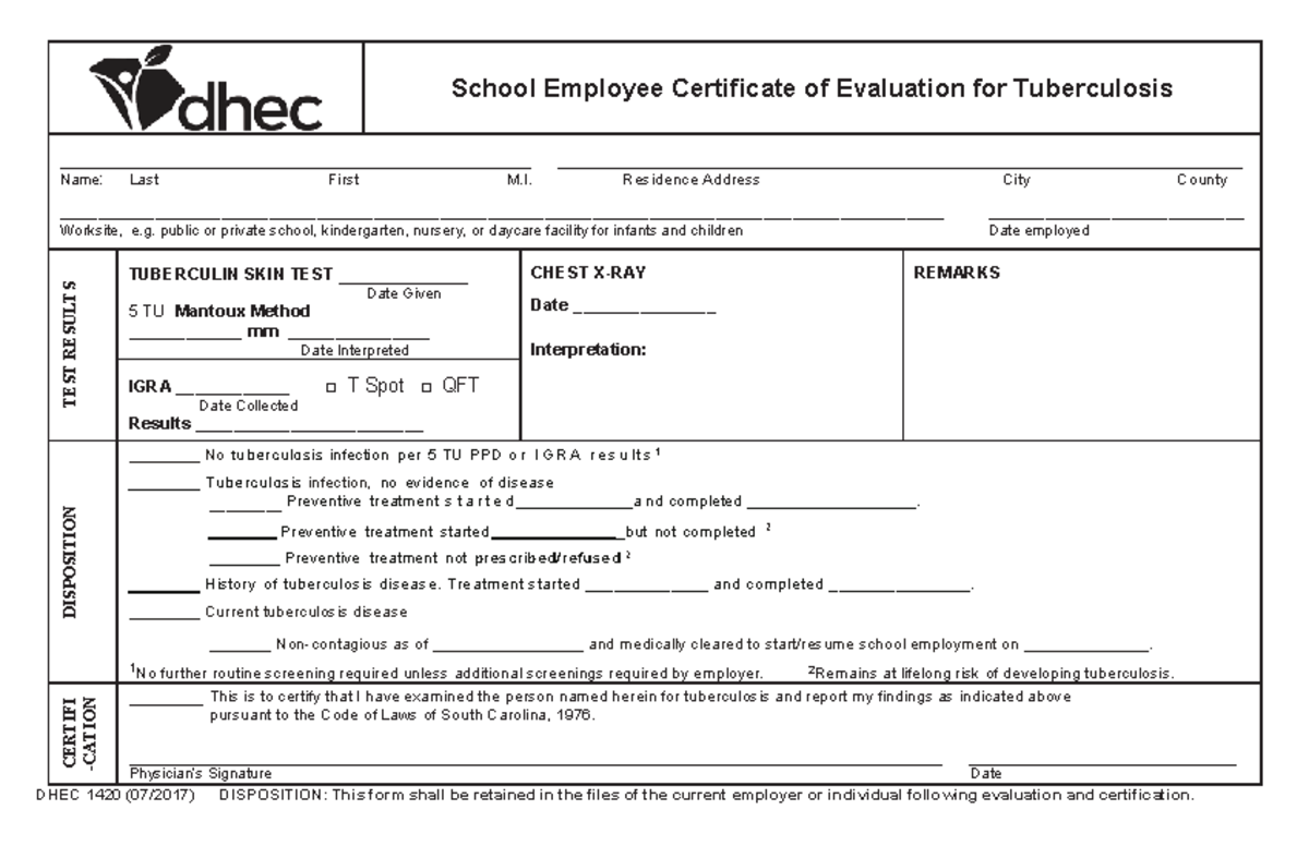 D-1420 TB - School Employee Tuberculosis Evaluation Form - Studocu