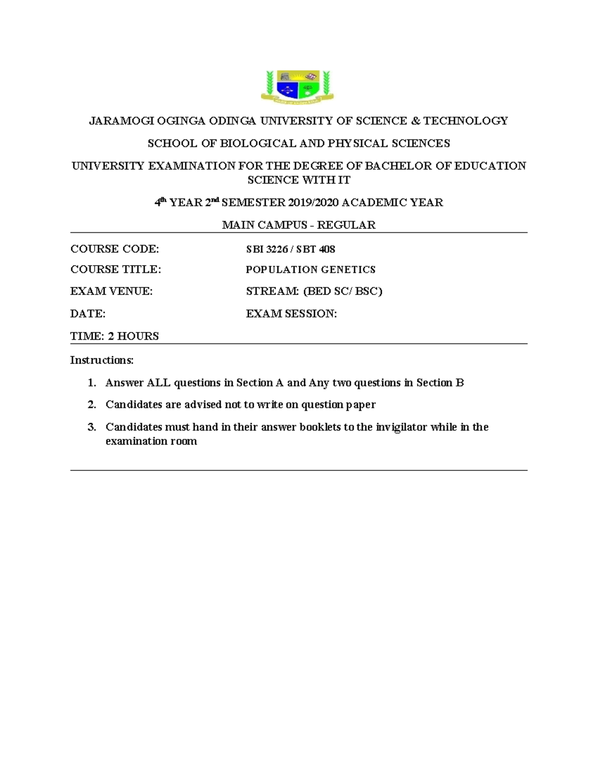 SBT 408: Population Genetics Exam Paper - 4th Year, 2nd Semester - Studocu