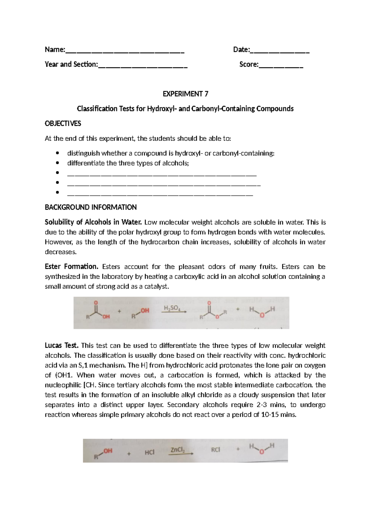 Experiment 7: Classification Tests for Hydroxyl- & Carbonyl-Compounds ...