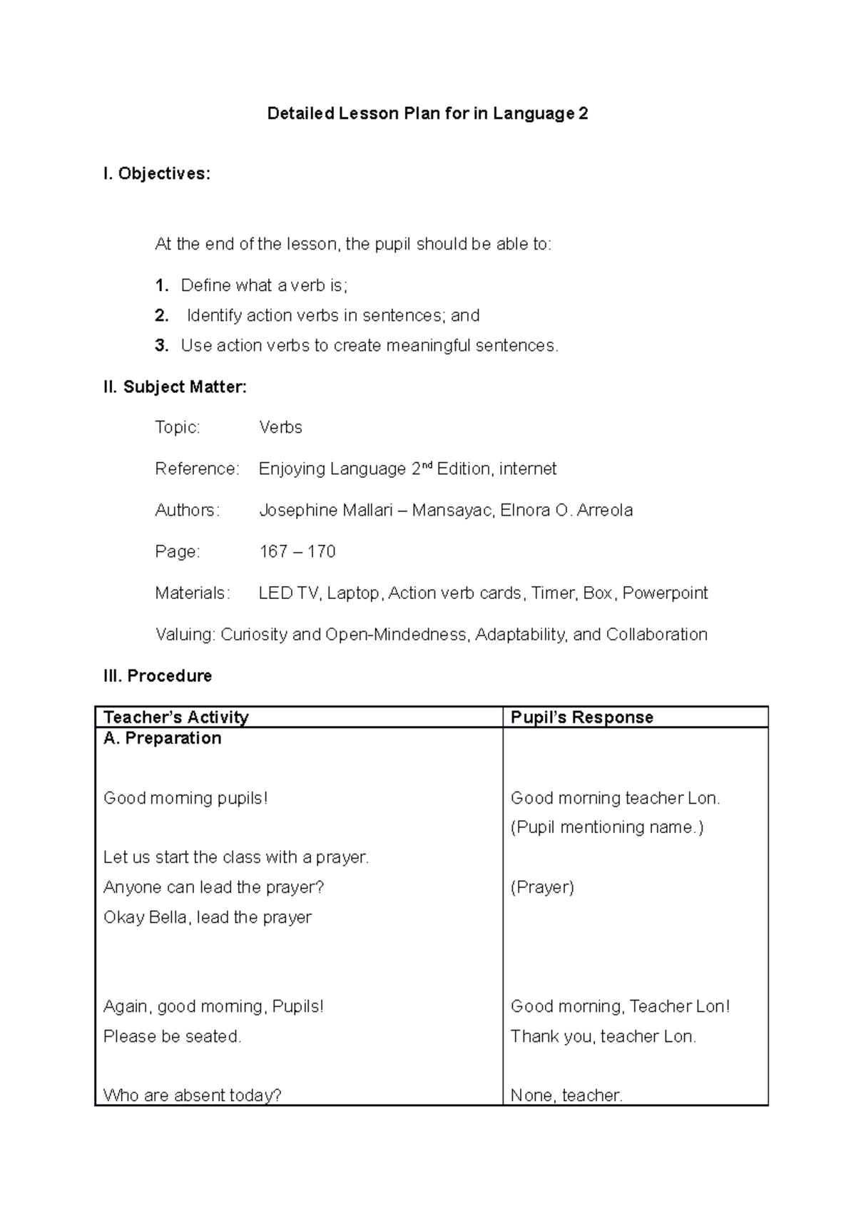 Lesson Plan for Teaching Verbs - Language 2 - Studocu