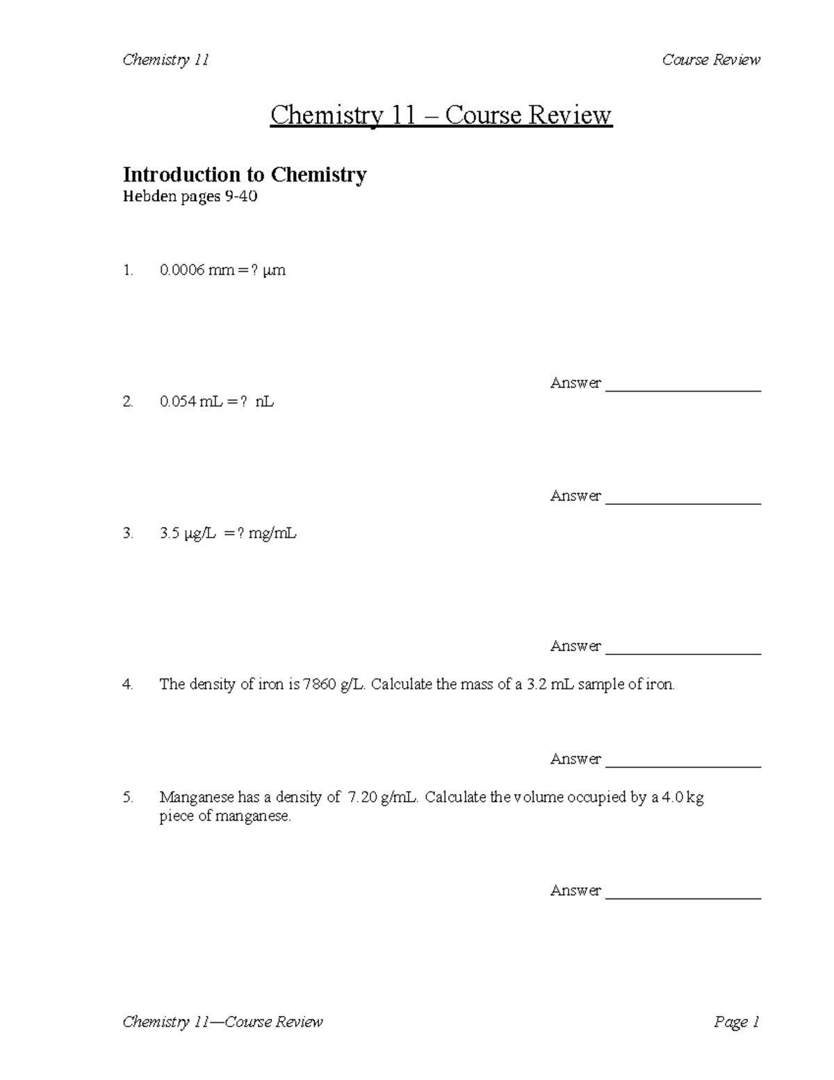Chemistry 11Course Review - Chemistry 11 – Course Review Introduction ...