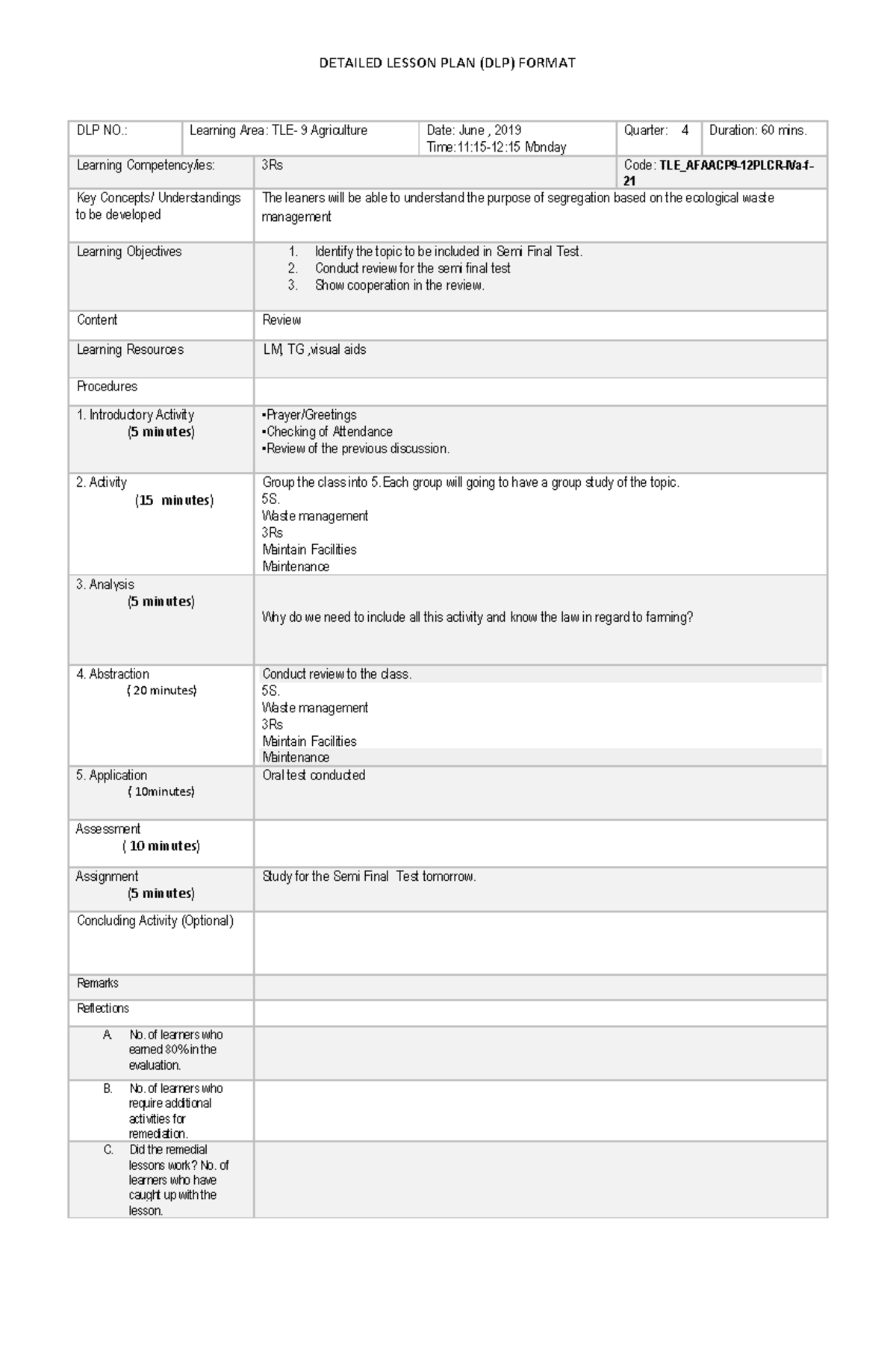 Detailed Lesson Plan (DLP) for Grade 9 Agriculture: Waste Management ...