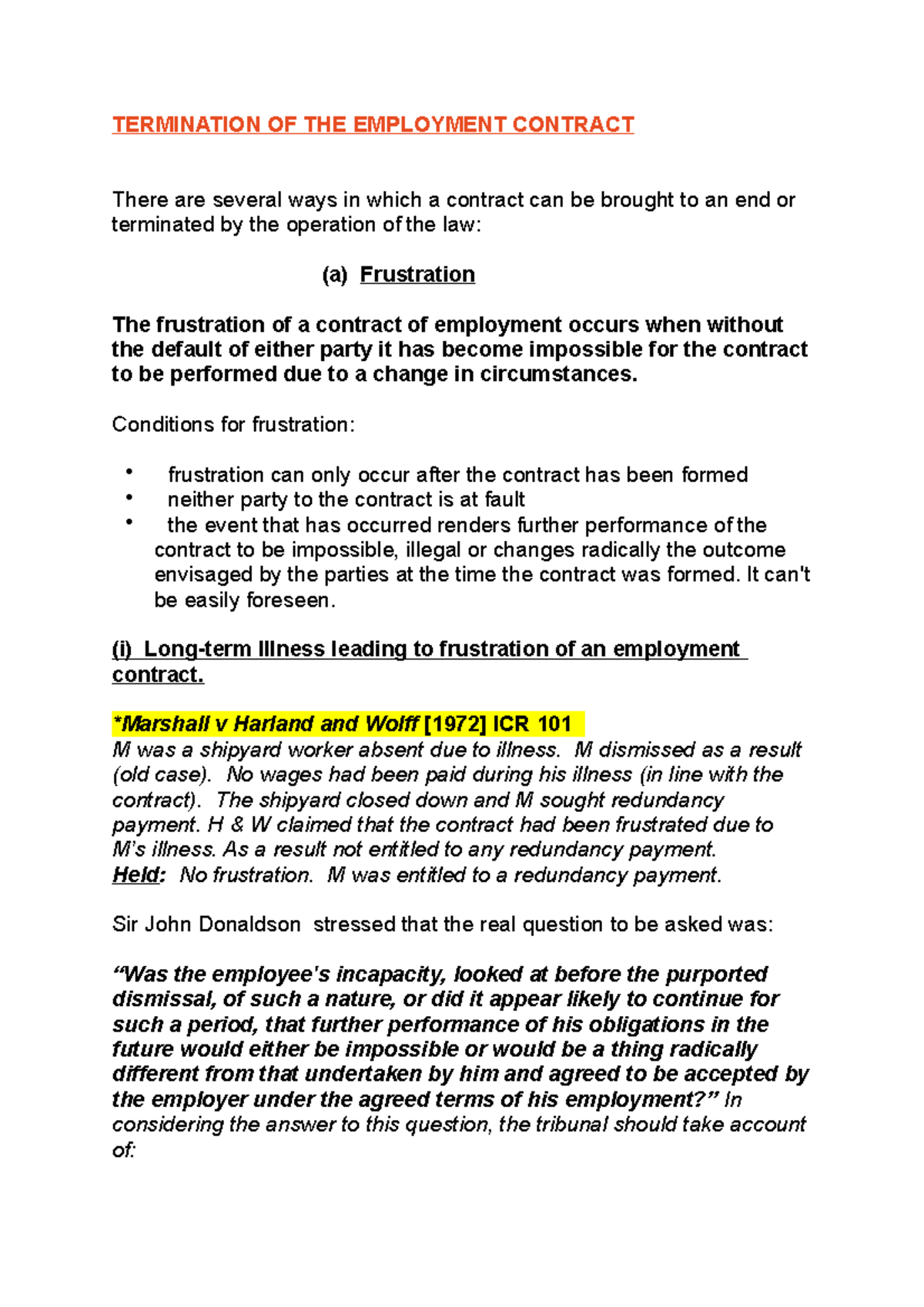 Termination of Employment Contract: Legal Principles & Cases - Studocu