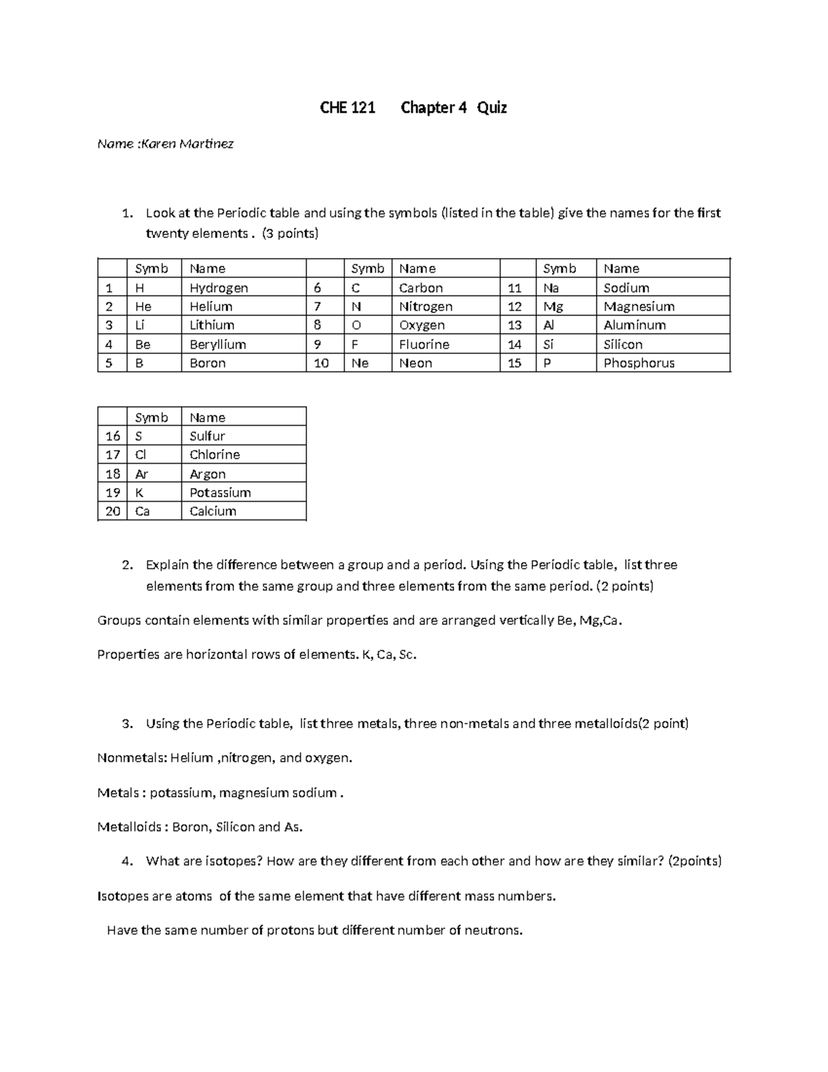 CHE 121 Chapter 4 Quiz: Elements, Groups, and Isotopes - Studocu