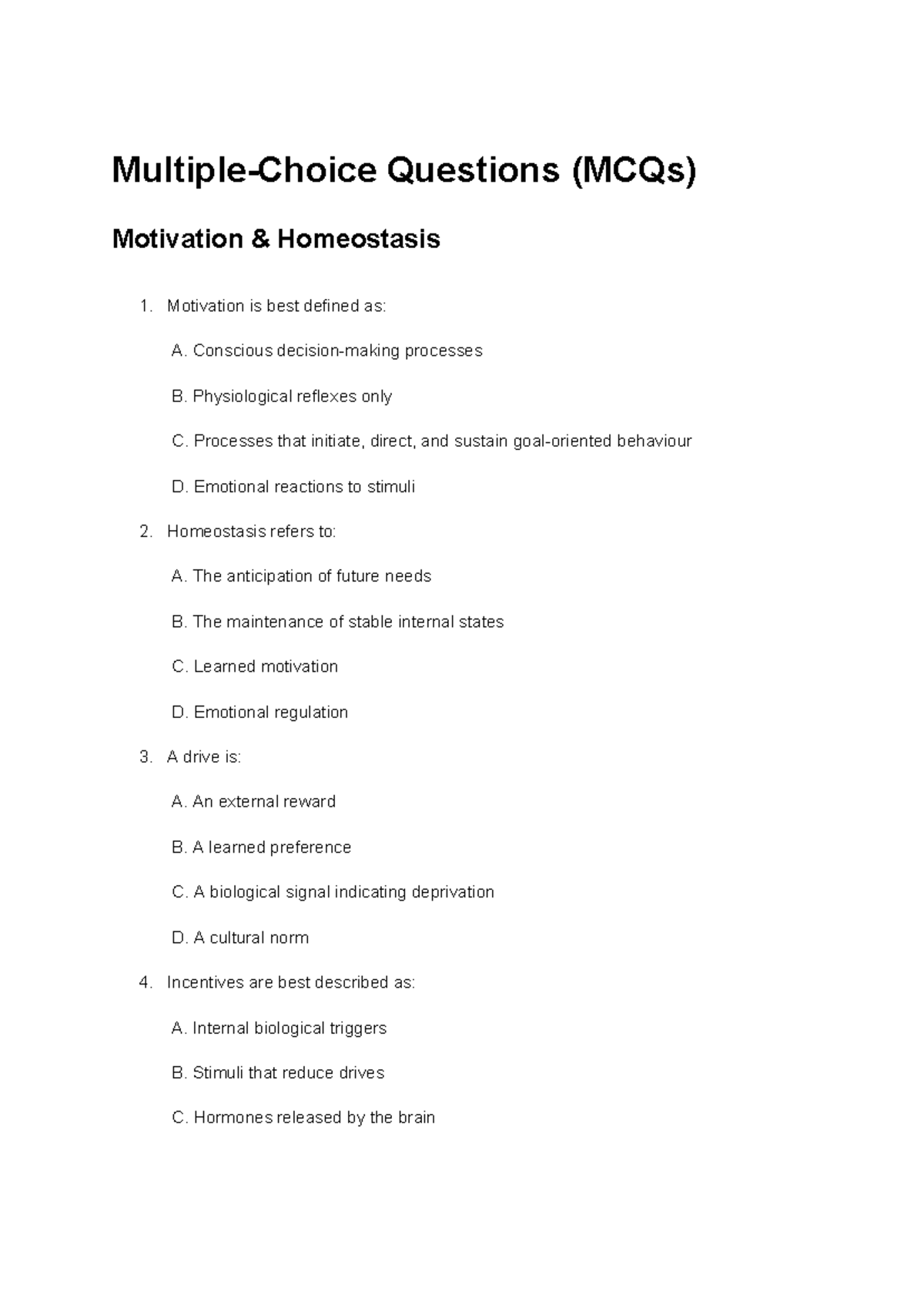 Motivation MCQs - Midterm 4 Practice Questions - Studocu