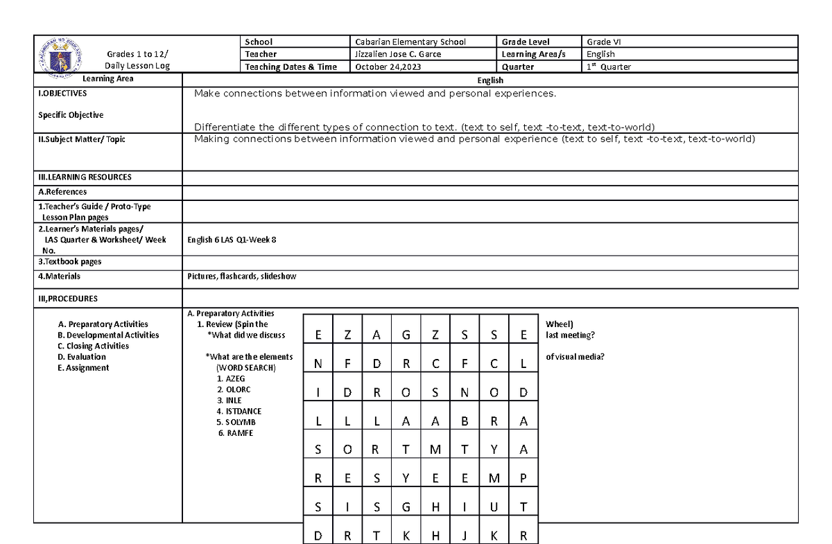 English 6 Daily Lesson Log: Making Connections (Q1 Week 8) - Studocu