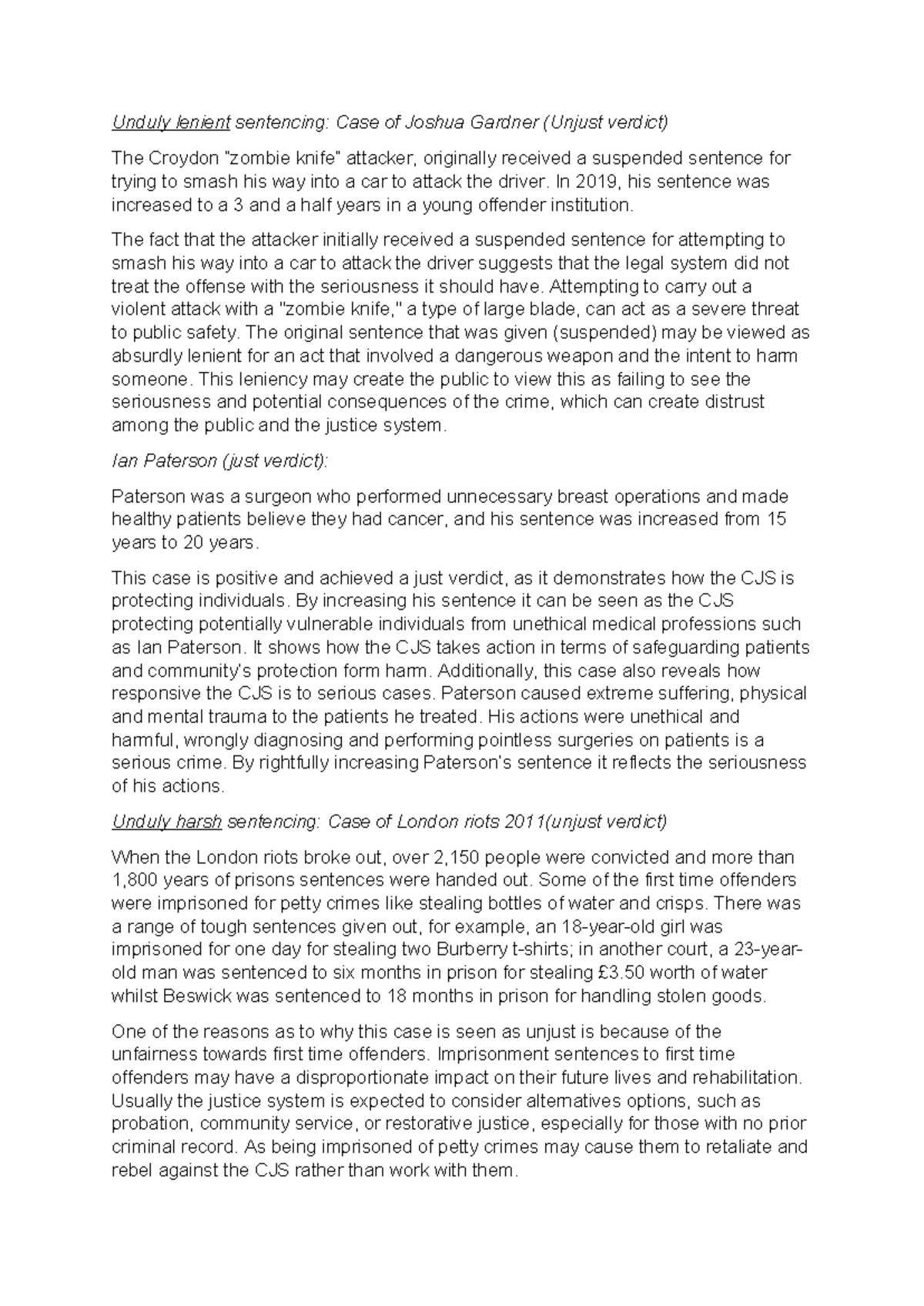 Unduly Lenient and Harsh Sentencing: Case Studies Analysis - Studocu