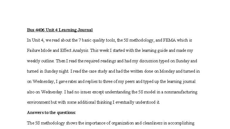 Bus 4406 Unit 4 Learning Journal: Insights on 5S Methodology and ...