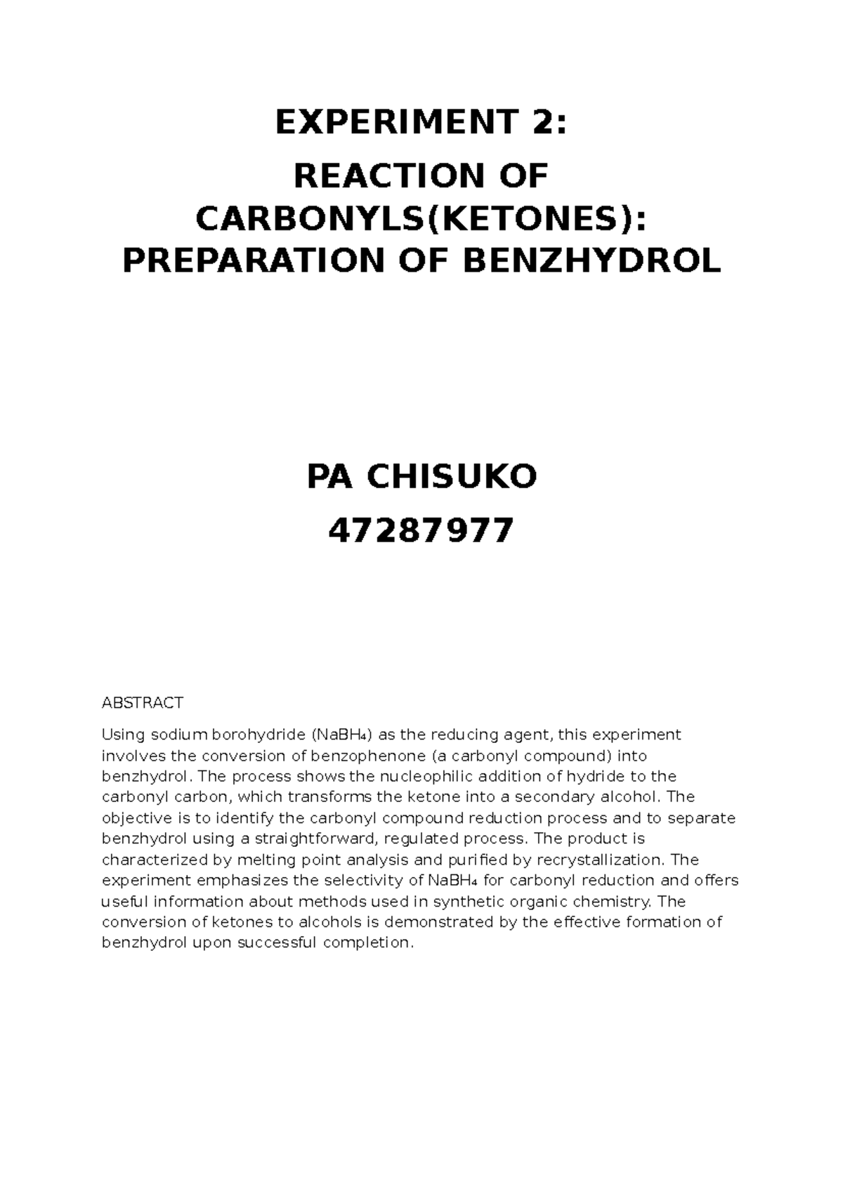 Experiment 2: Carbonyl Reduction of Benzophenone to Benzhydrol - NCHE ...