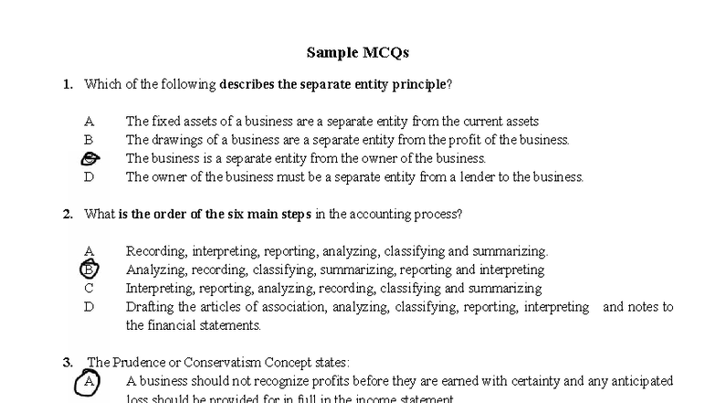 ACCT 1005 Sample MCQs on Accounting Principles and Concepts - Studocu