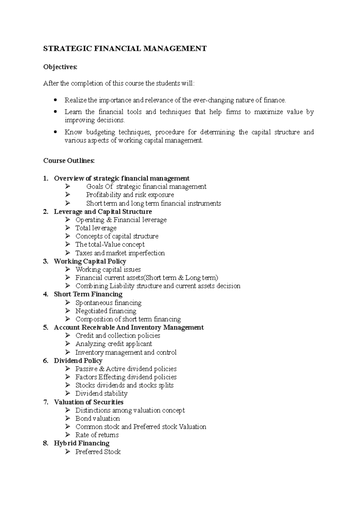 Strategic Financial Management course outline - STRATEGIC FINANCIAL ...
