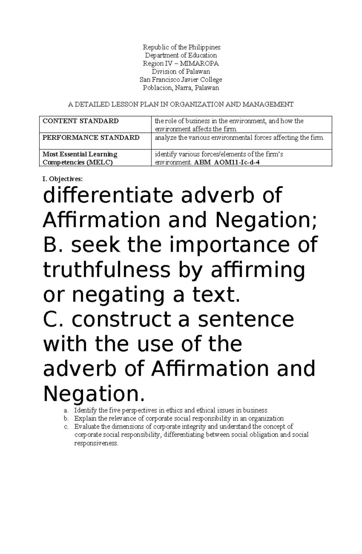 Detailed Lesson Plan in Organization and Management (Org Mgt 101) - Studocu