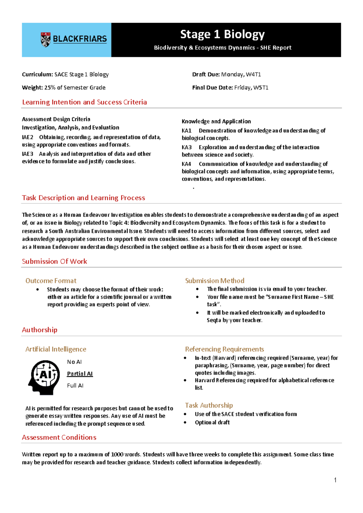 SACE Stage 1 Biology SHE Task: Biodiversity & Ecosystem Dynamics Report ...