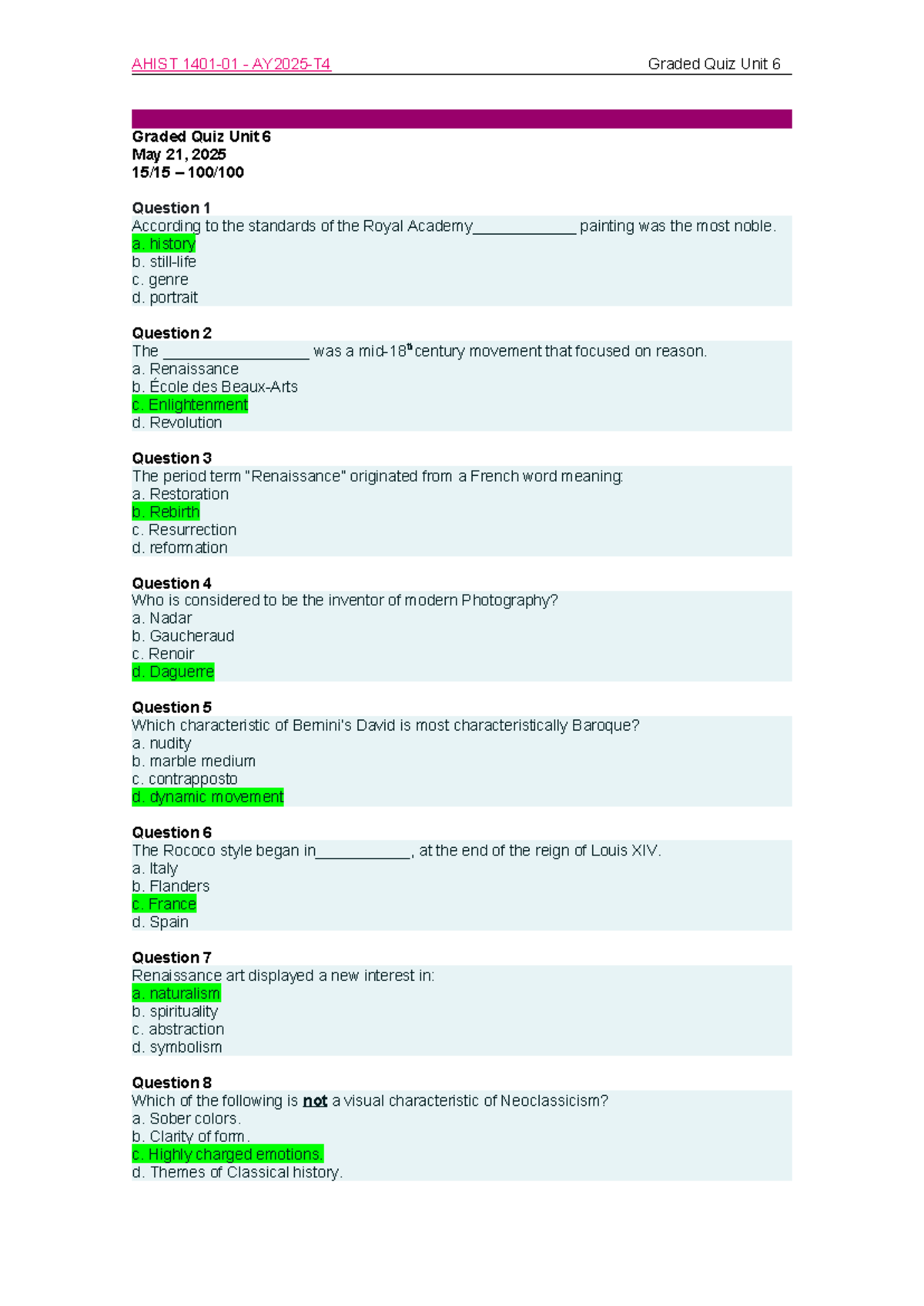 AHIST Graded Quiz Unit 6: Art History Insights and Questions - Studocu