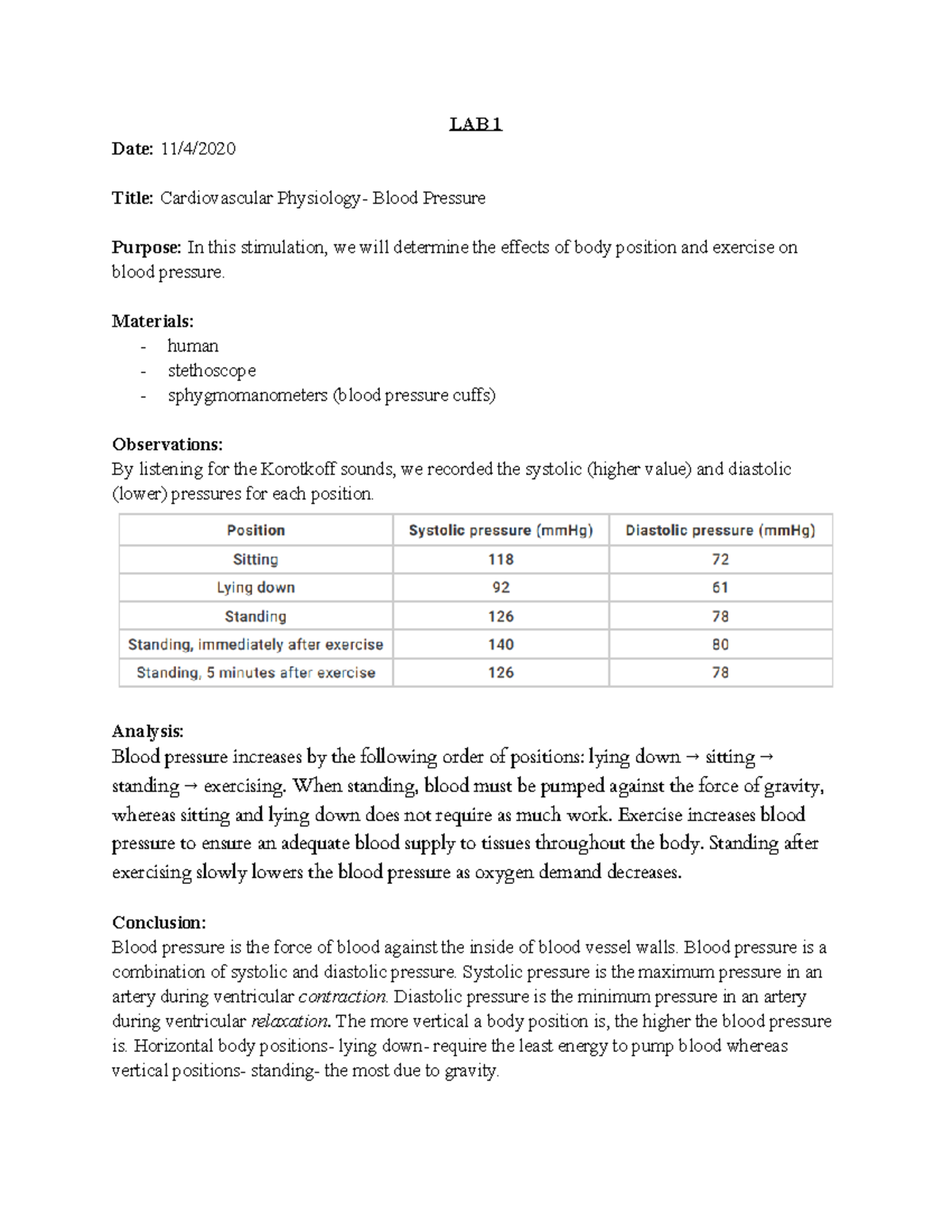 Cardiovascular Physiology Lab 1: Effects of Position on BP - Studocu