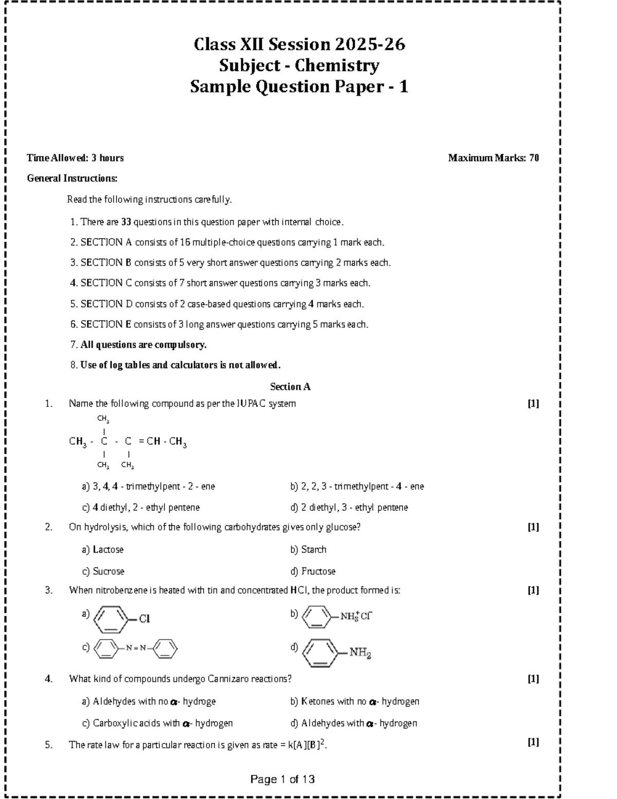 Class XII Chemistry Sample Question Paper 1 (2026) - Practice Test ...
