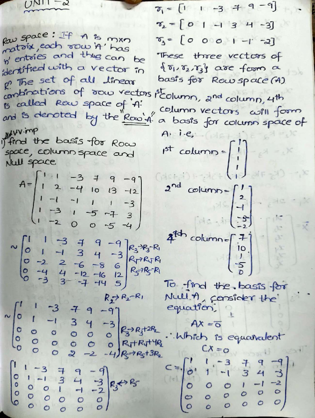 Unit 2 Notes: Row Space, Column Space, and Null Space Analysis - Studocu
