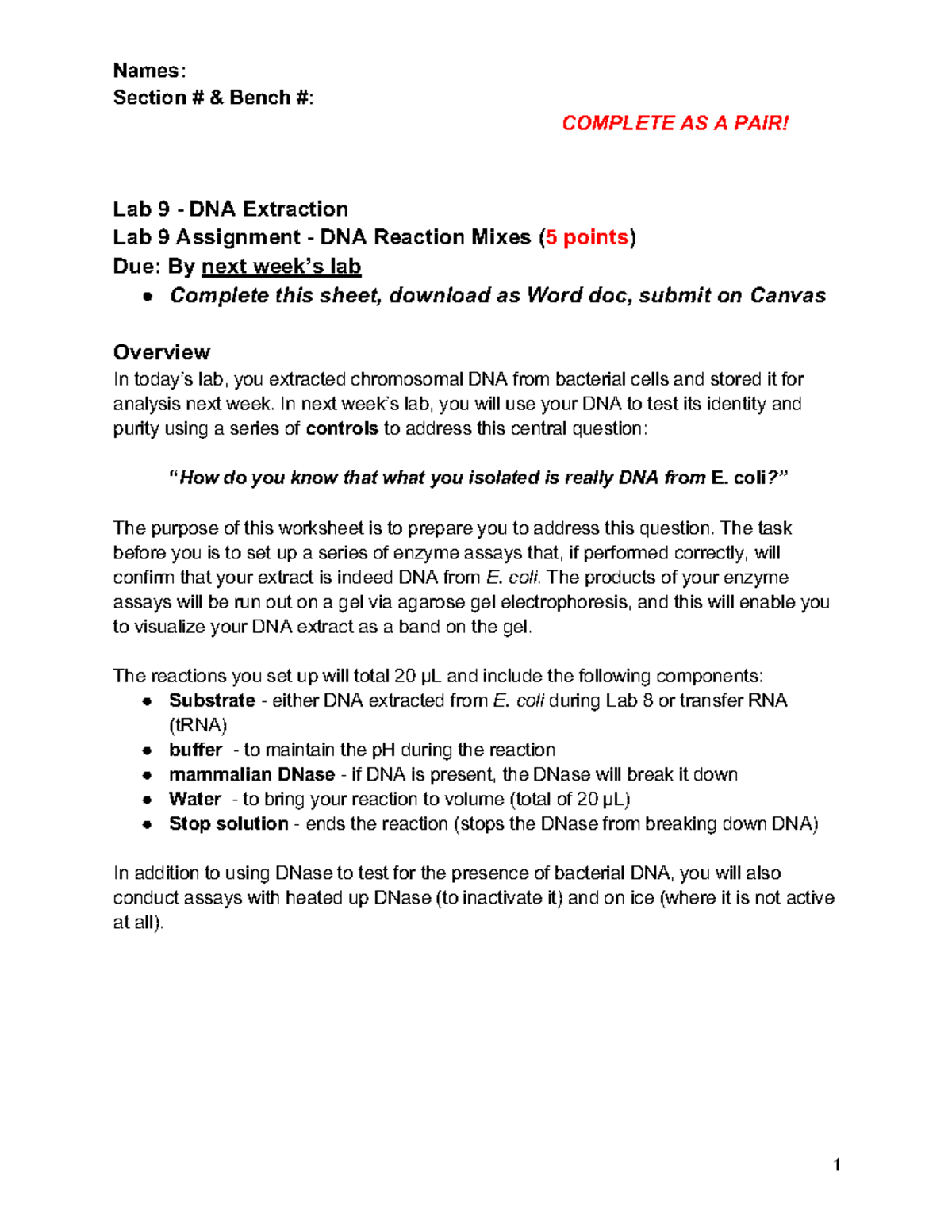 Lab 9 - Assignment - DNA Reaction Mixes - Names: Section # & Bench #: COMPLETE AS A PAIR! 1 Lab ...