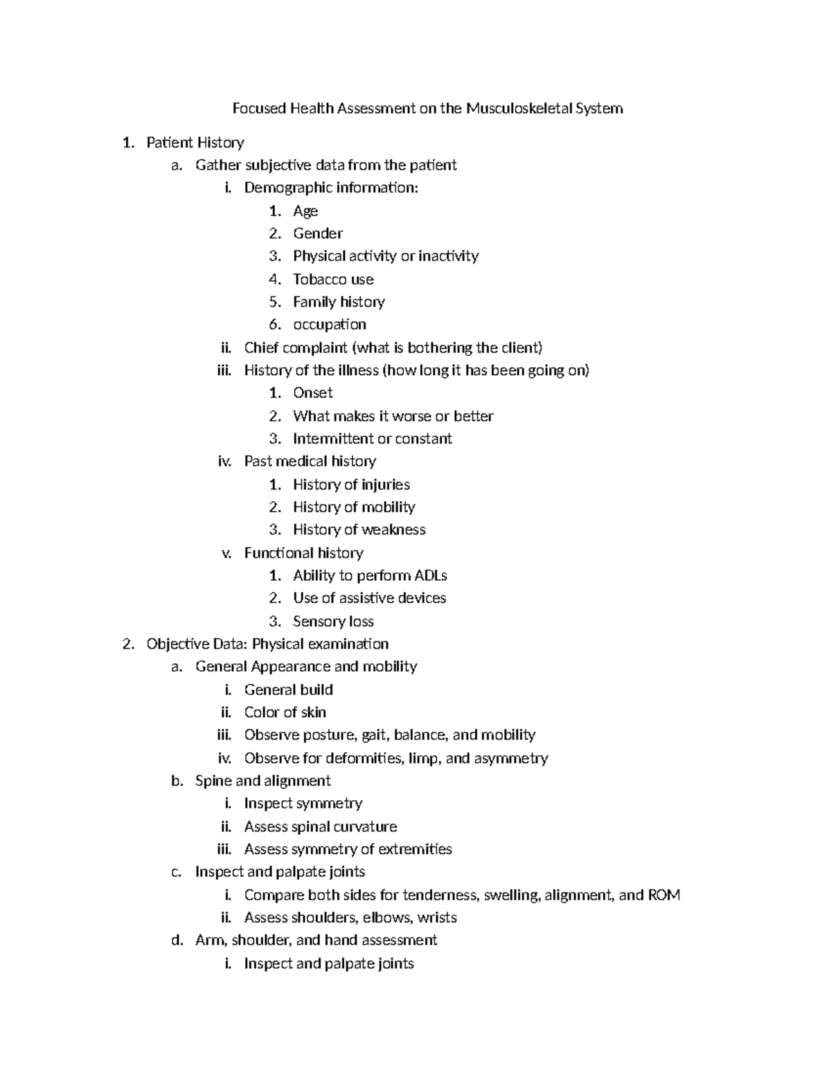 Focused Health Assessment: Musculoskeletal System (Fabacher Austin Wk3 ...
