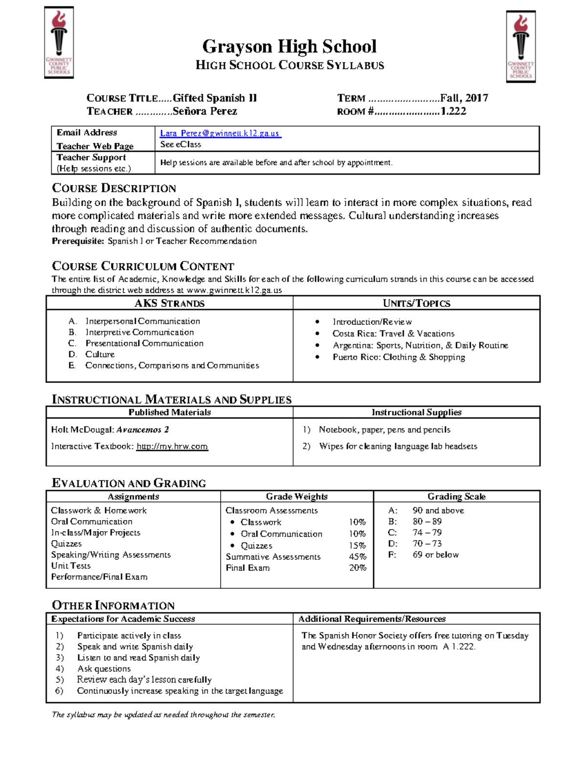 Spanish II Syllabus - Grayson High School (2017) - Studocu