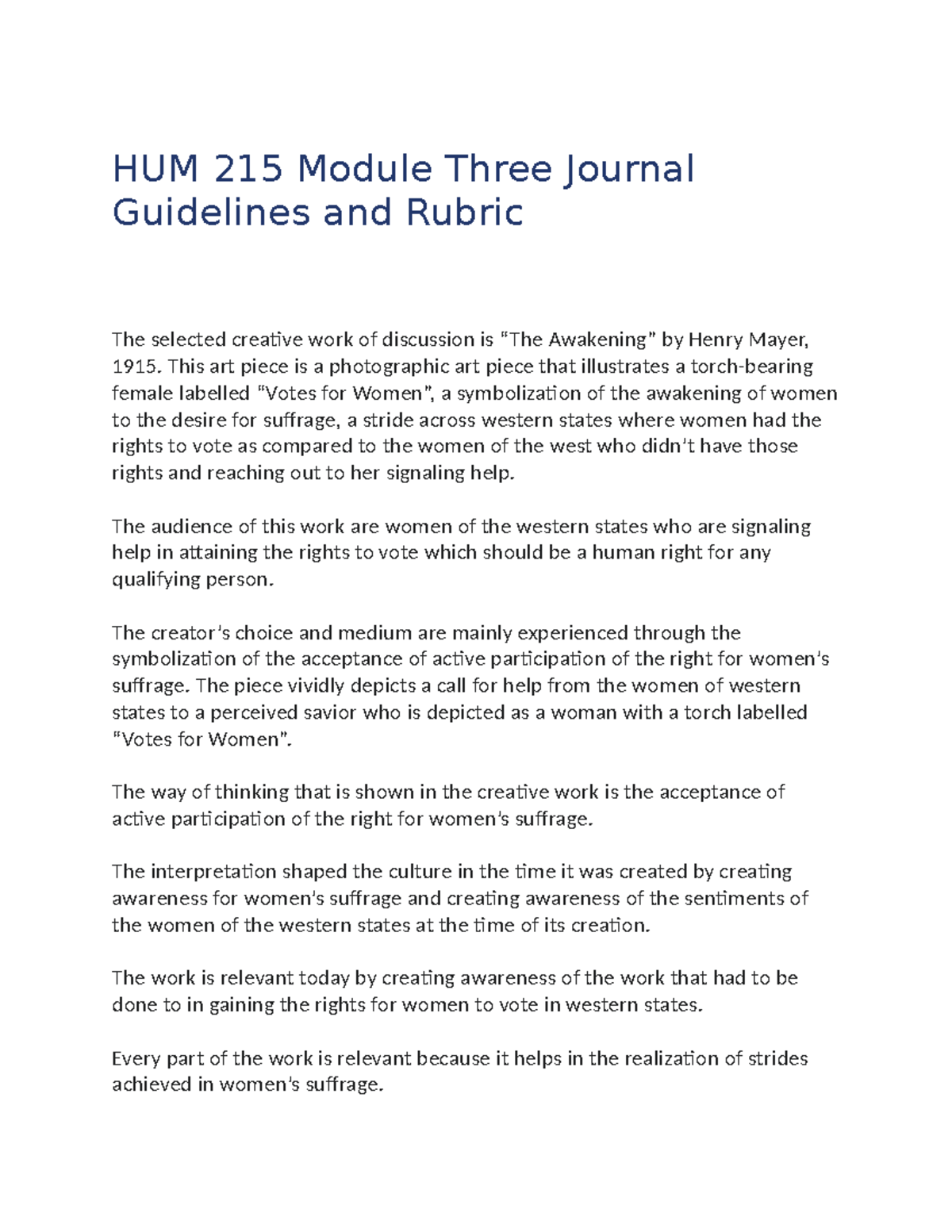 HUM 215 Module Three Journal: Analyzing "The Awakening" Artwork - Studocu