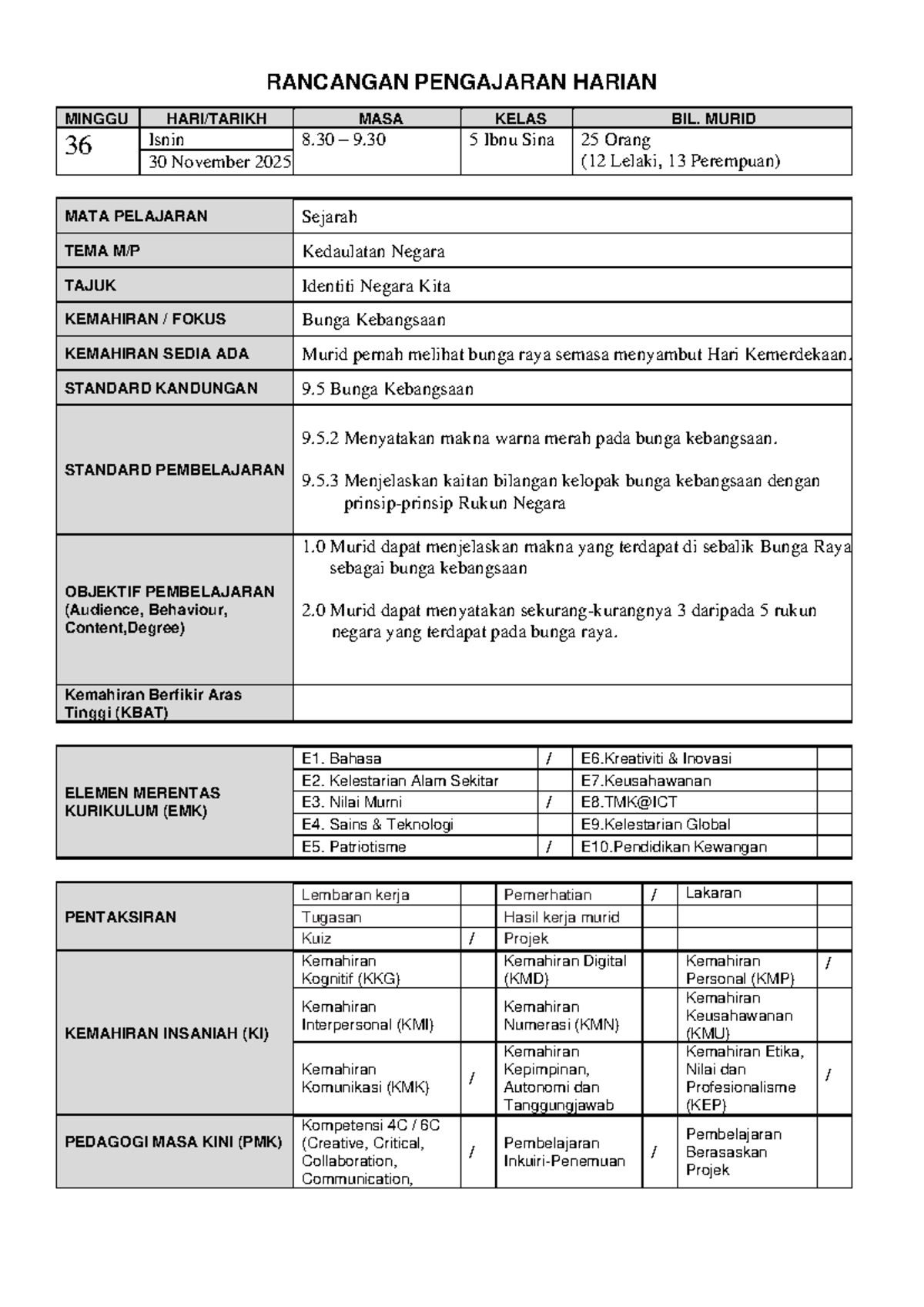 RPH Sejarah: Bunga Kebangsaan dan Identiti Negara Kita - Studocu