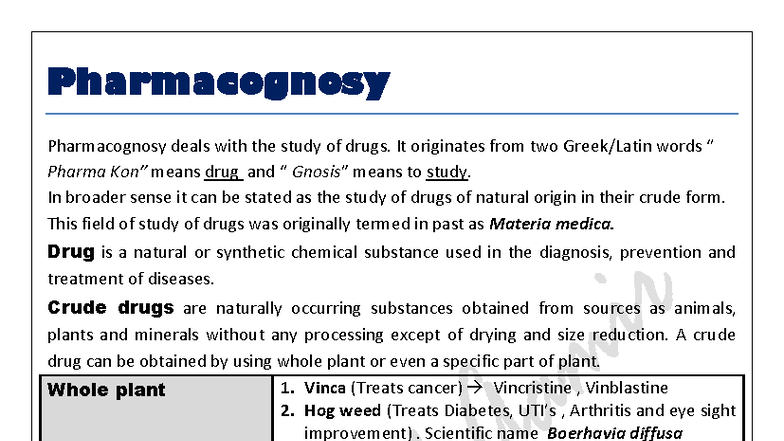 Pharmacognosy-1: Comprehensive Study Notes on Natural Drugs - Studocu