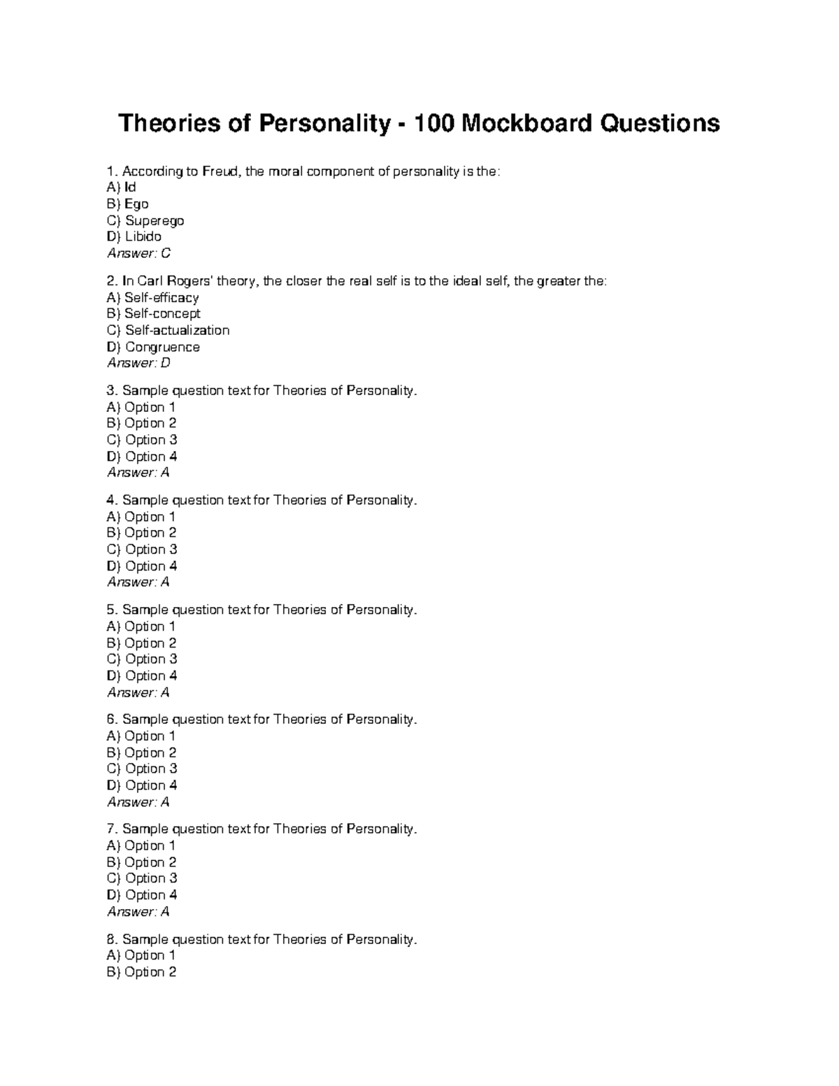 Theories of Personality 100 Mockboard Questions - Studocu