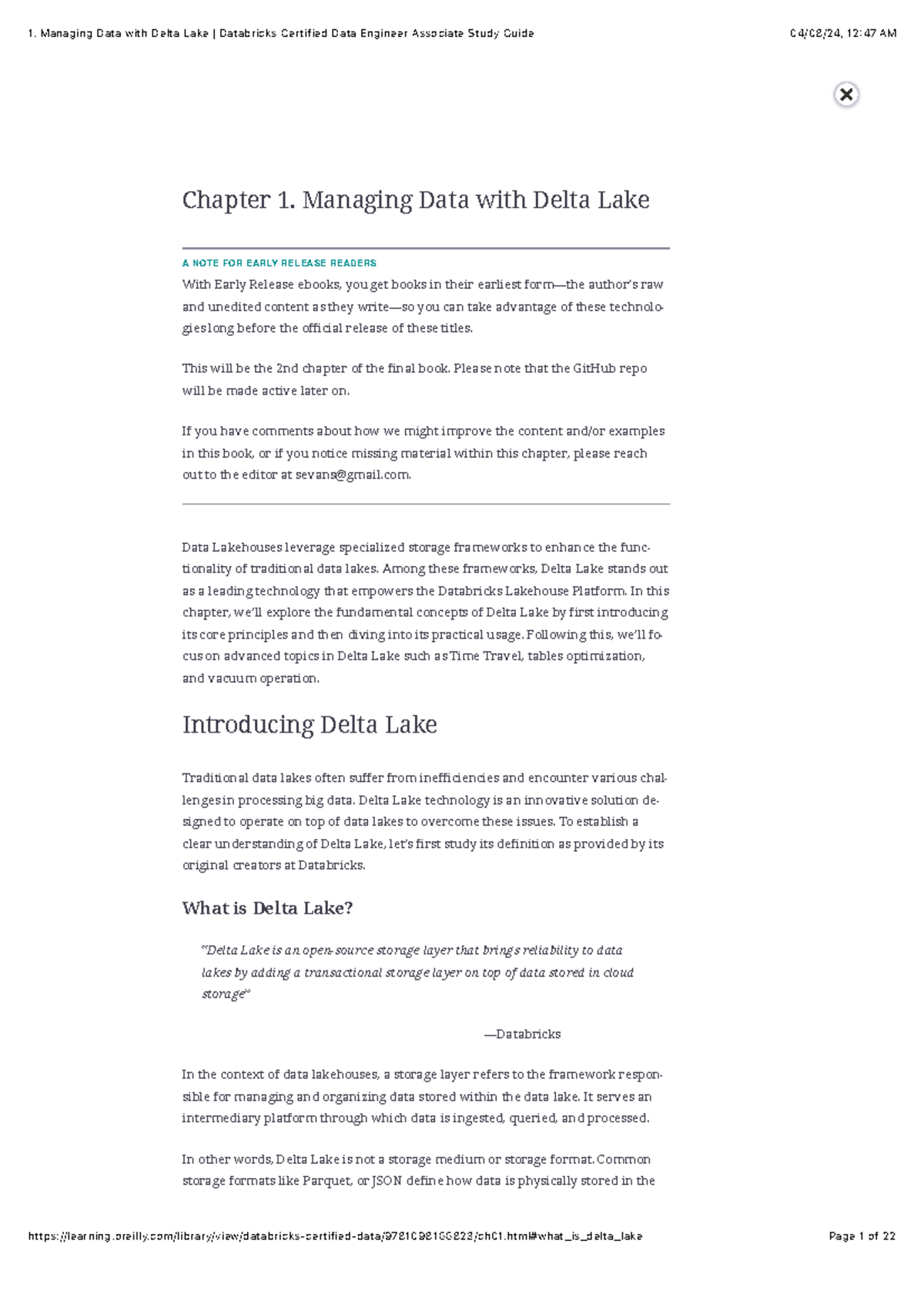 Chapter 1 - notes - Chapter 1. Managing Data with Delta Lake A NOTE FOR ...