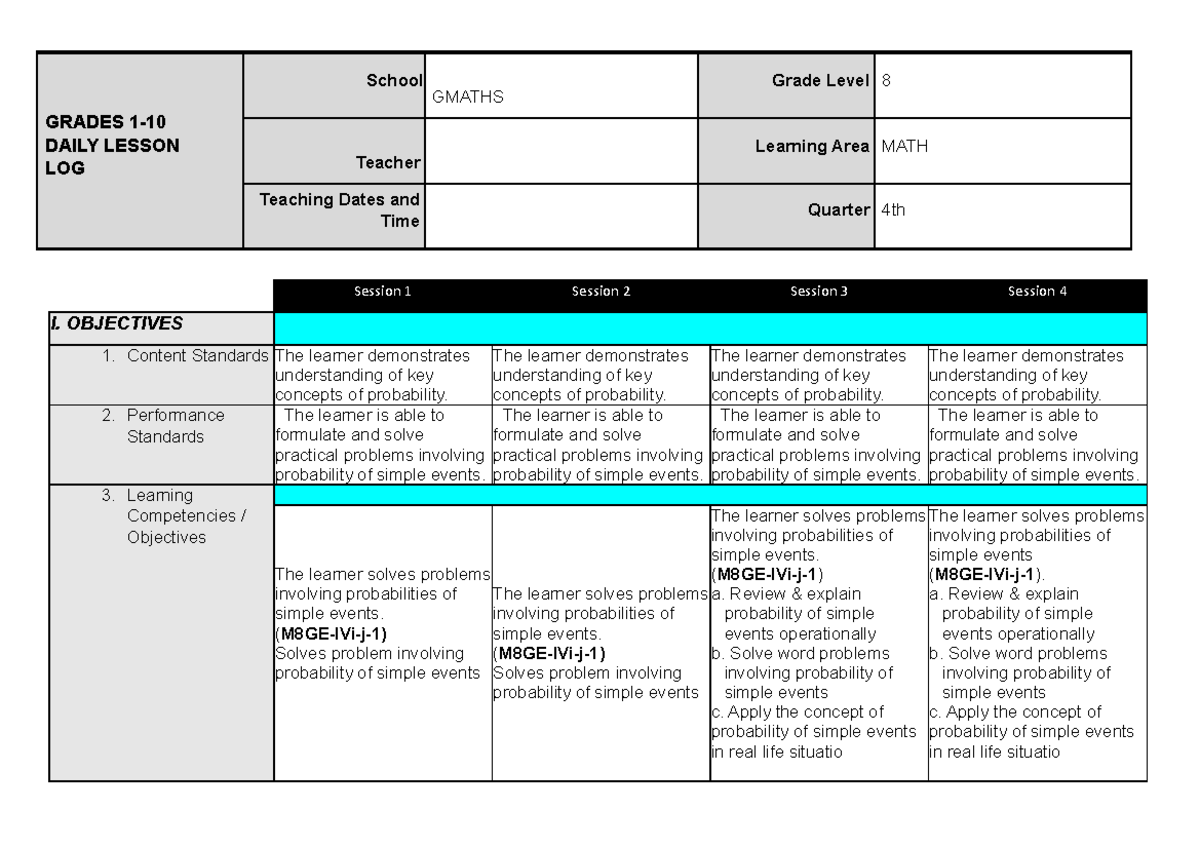 Daily Lesson Log Grade 8 Quarter 4 week 57 - GRADES 1- DAILY LESSON LOG ...