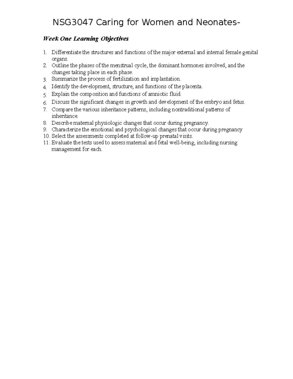 NSG3047 Week 1 Learning Objectives for Obstetrics - Studocu