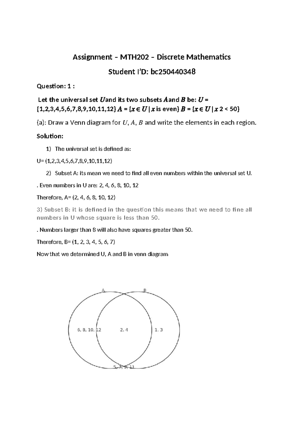 Assignment MTH202 Discrete Math: Venn Diagram & Set Analysis - Studocu