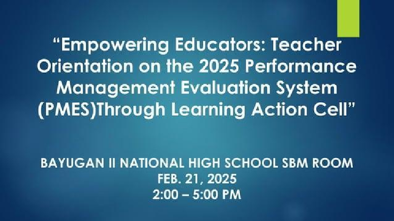 Teacher Orientation on PMES 2025: Guidelines & Assessment Tools - Studocu