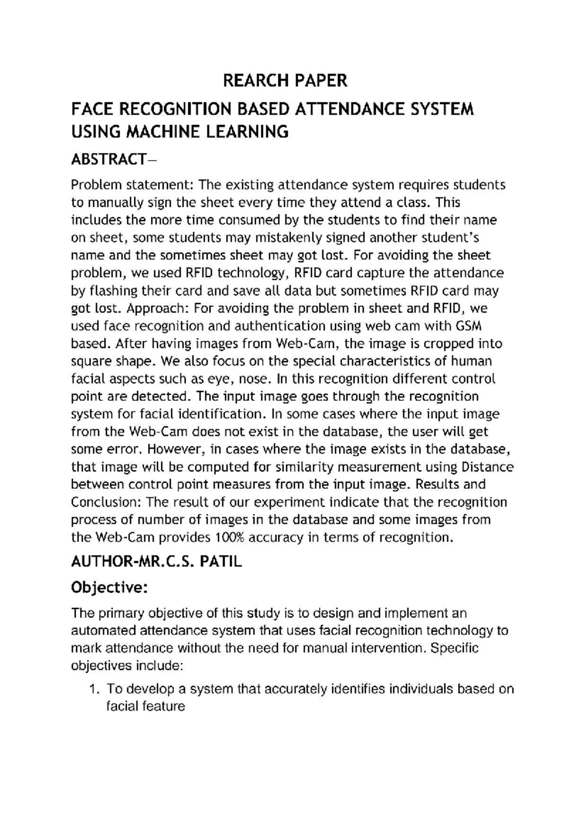 Research Paper: Face Recognition Attendance System Using ML (CS101 ...