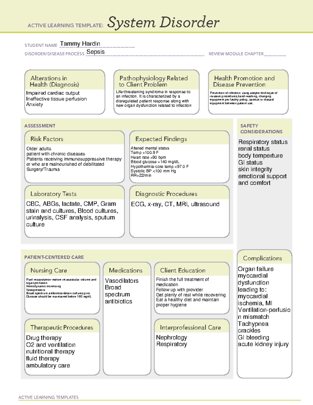 Sepsis Overview: Active Learning Template for Nursing Study - Studocu