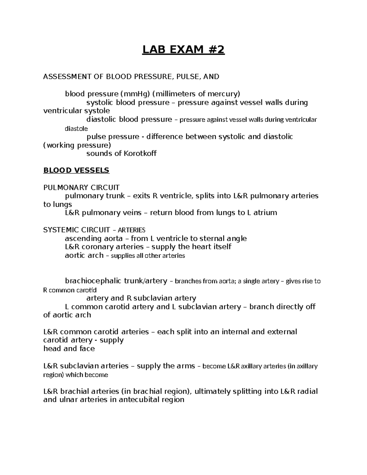 A&P II Lab Exam Study Guide: Blood Pressure & Circulatory System - Studocu
