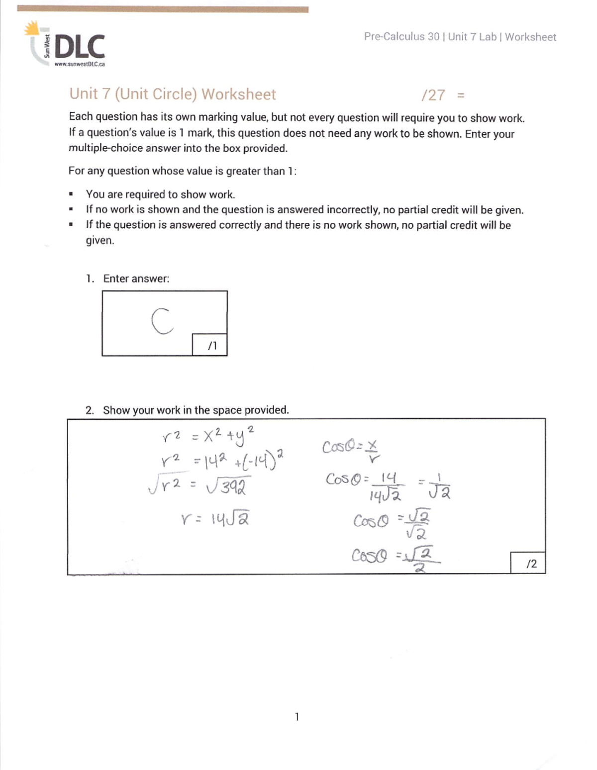 SunWest DLC 30 I Unit 7 Lab Worksheet: Unit Circle Problems - Studocu