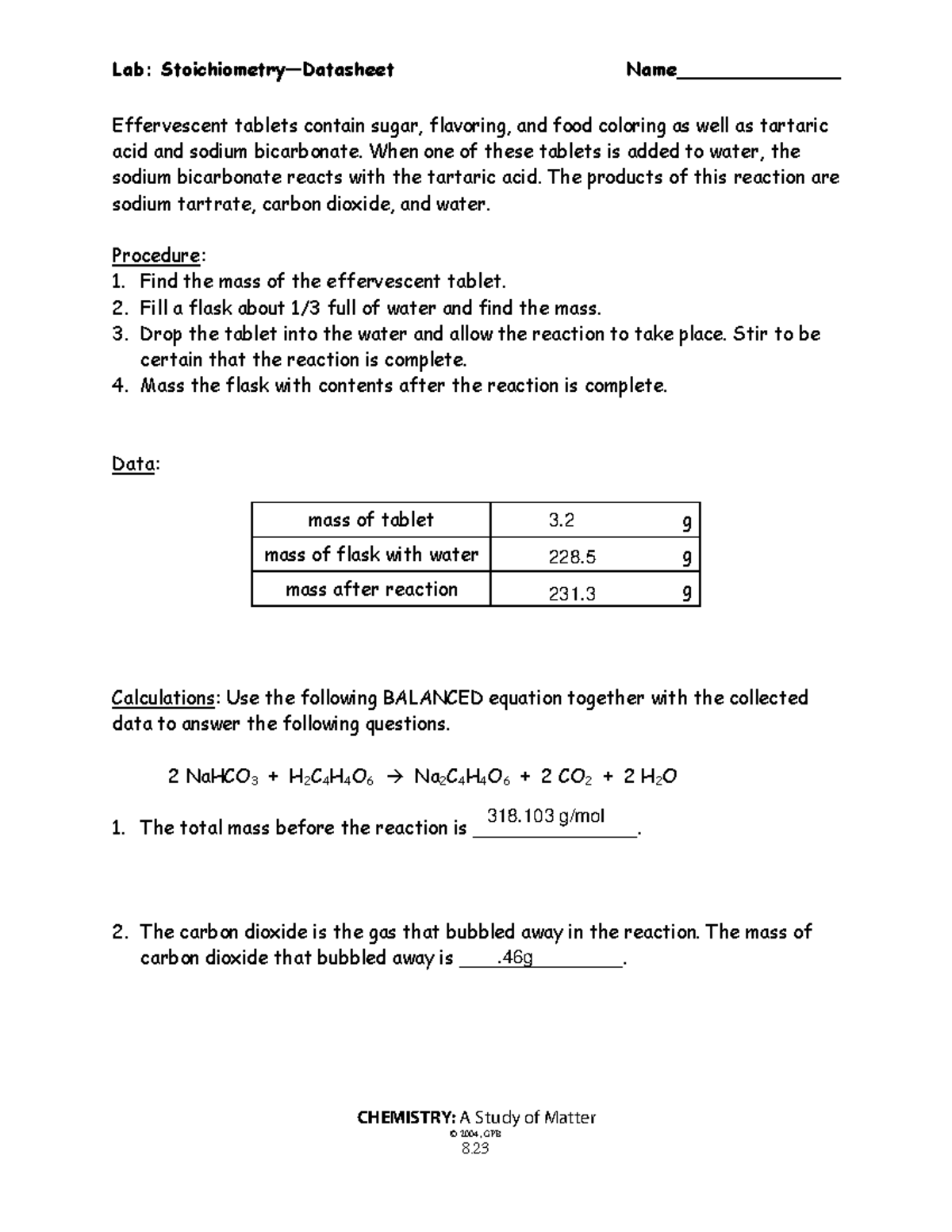 Stoichiometry Lab (CHEM 101): Percent Yield of Alka-Seltzer Reaction ...