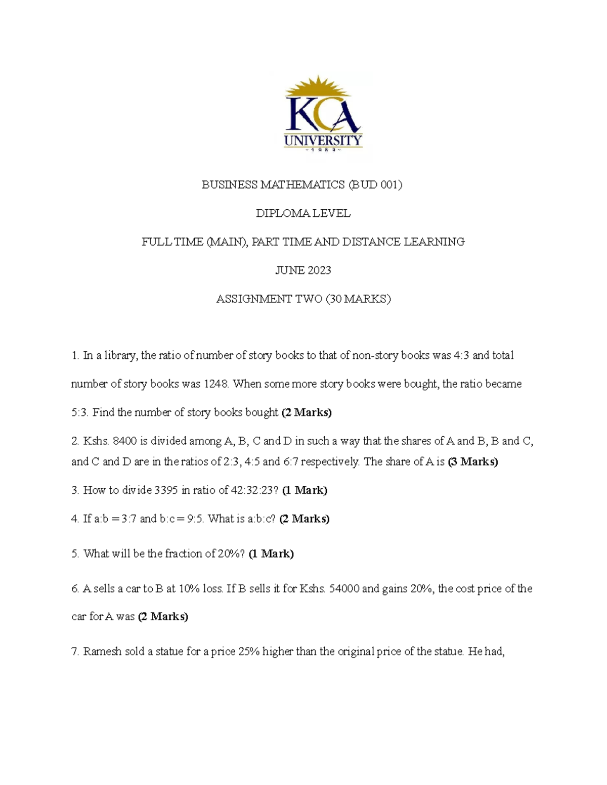 BUD 001 Business Mathematics Assignment TWO (30 Marks) - June 2023 ...