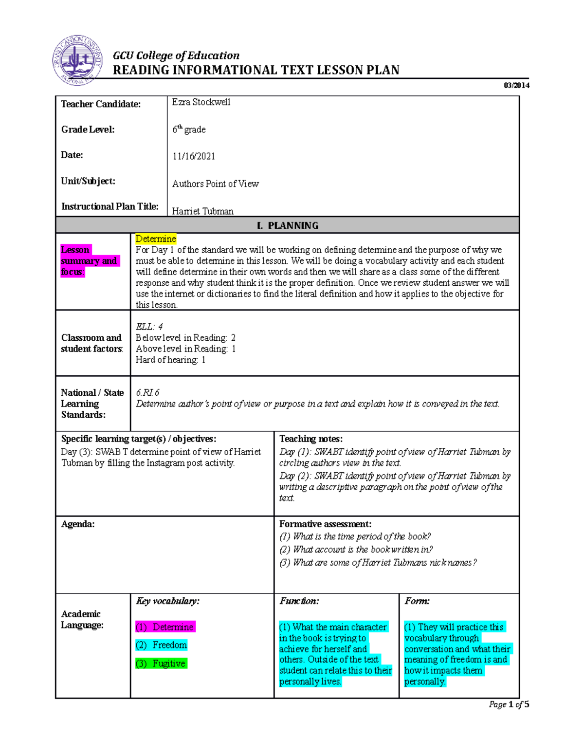 Benchmark Lesson Plan - GCU College of Education READING INFORMATIONAL ...