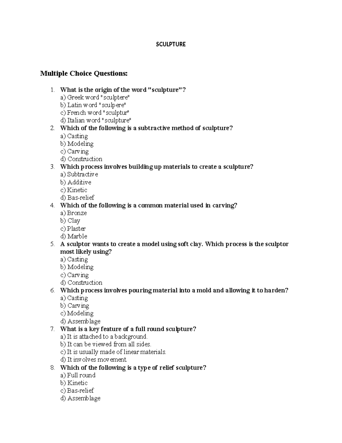 Sculpture Quiz 1 - Exploring Key Concepts & Techniques in Art - Studocu