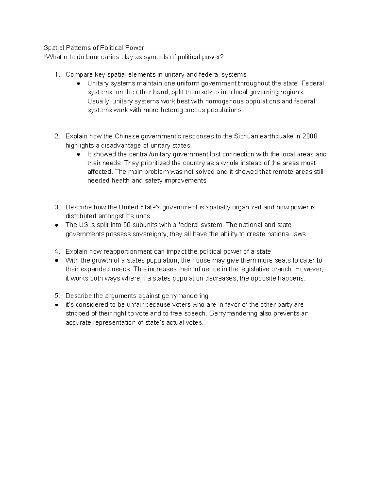 APHG Chapter Notes - Spatial Patterns of Political Power *What role do ...